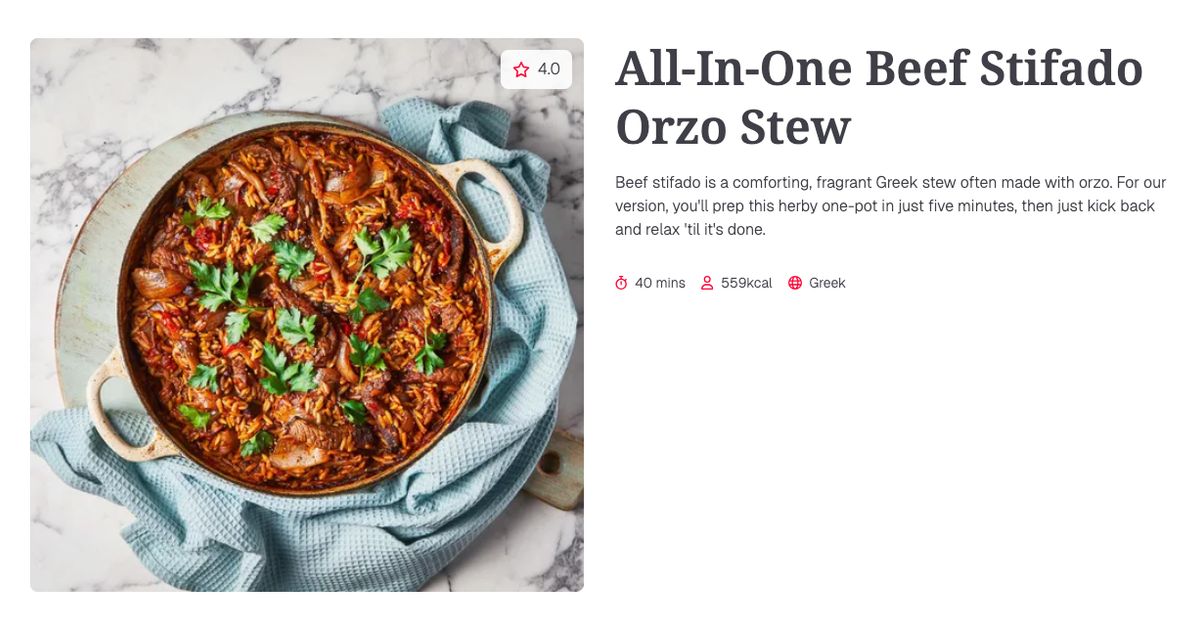 All-In-One Beef Stifado Orzo Stew (40 mins) | Gousto Recipe Search