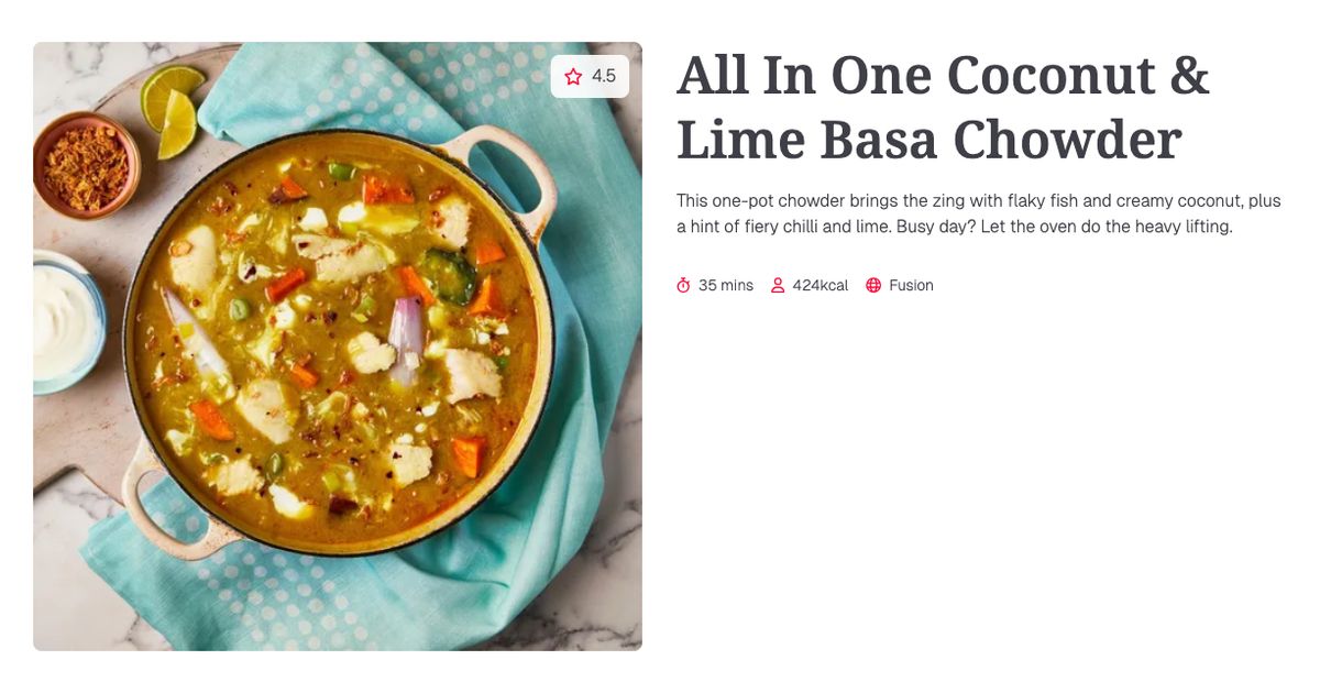 All In One Coconut & Lime Basa Chowder (35 mins) | Gousto Recipe Search