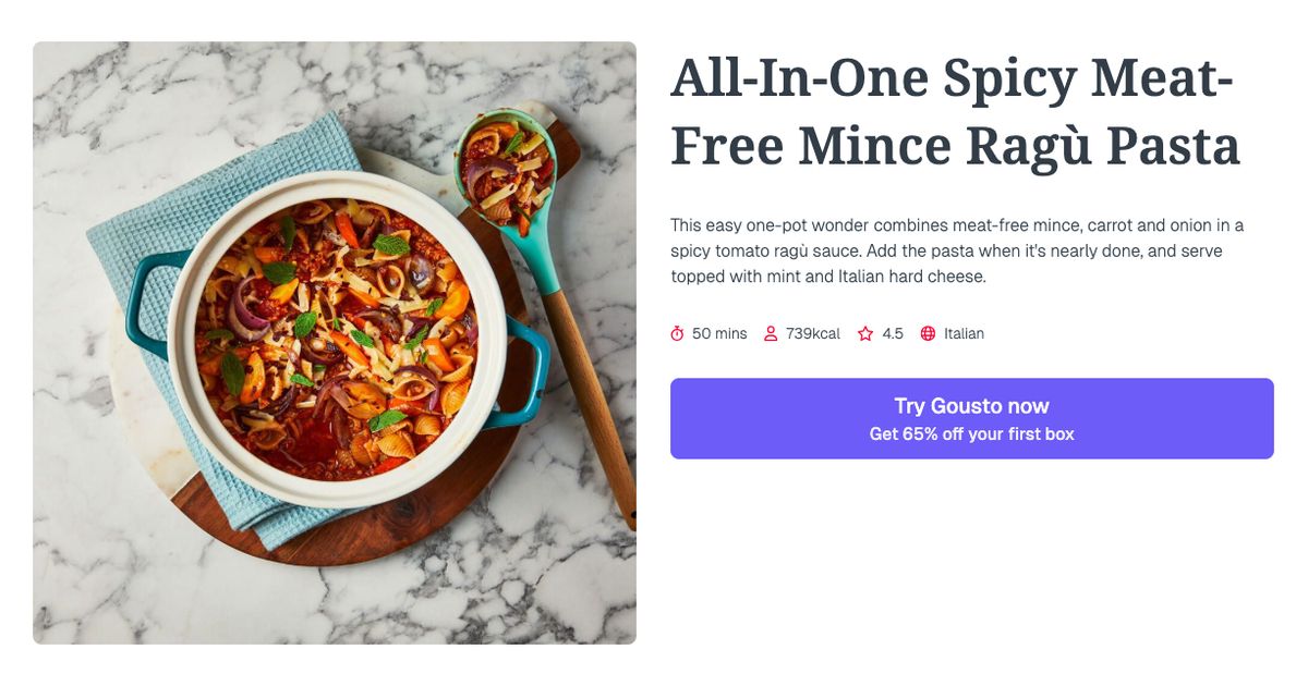 All In One Spicy Meat-Free Mince Ragù Pasta (50 mins) | Gousto Recipe ...