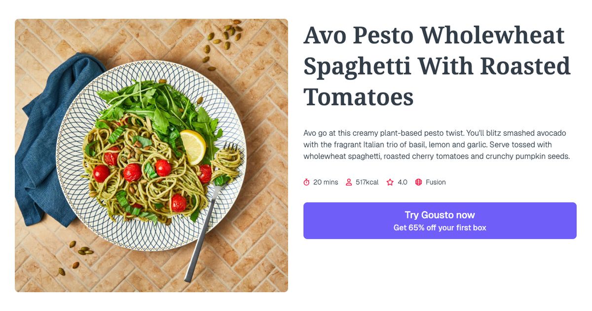 Avo Pesto Wholewheat Spaghetti With Roasted Tomatoes (20 mins) | Gousto Recipe Search