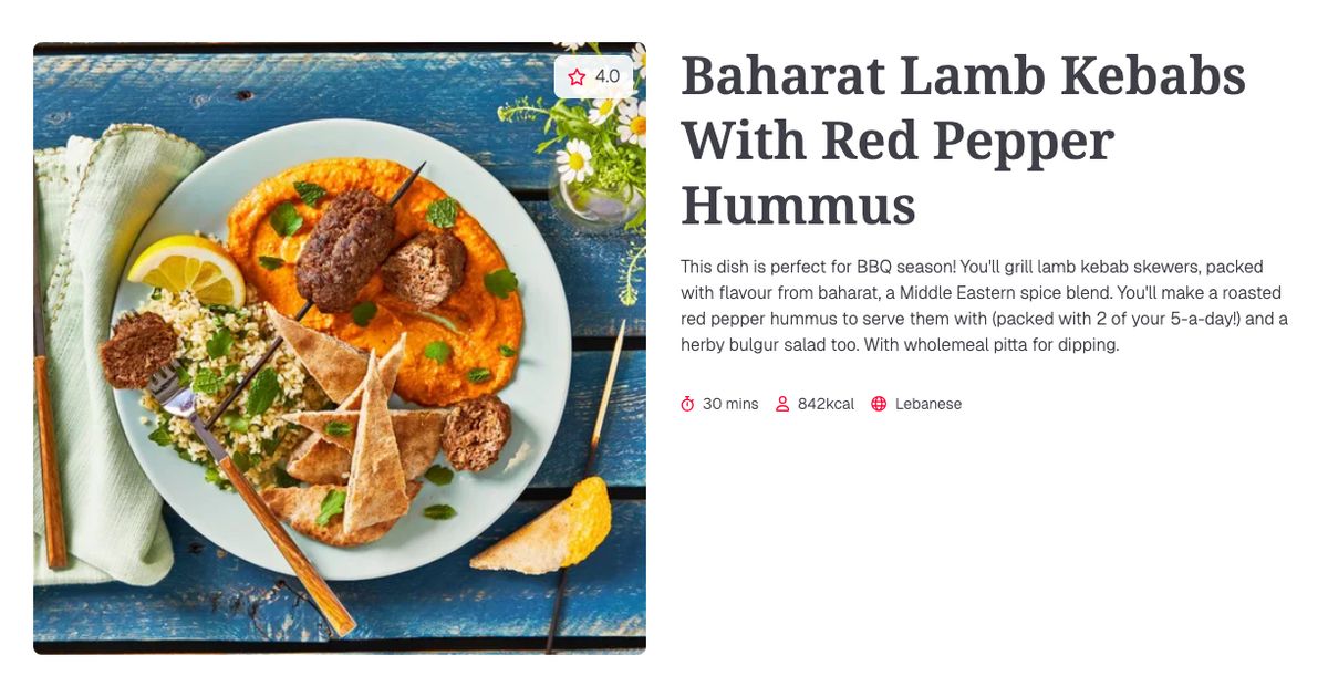 Baharat Lamb Kebabs With Red Pepper Hummus (30 mins) | Gousto Recipe Search