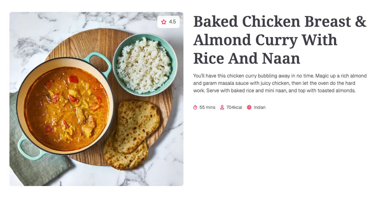 Baked Chicken Breast & Almond Curry With Rice And Naan (55 mins ...