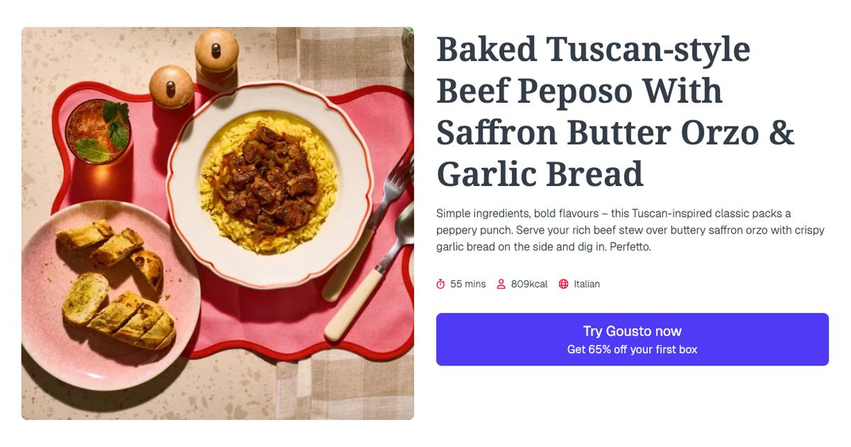 Baked Tuscan-Style Beef Peposo With Saffron Butter Orzo & Garlic Bread ...