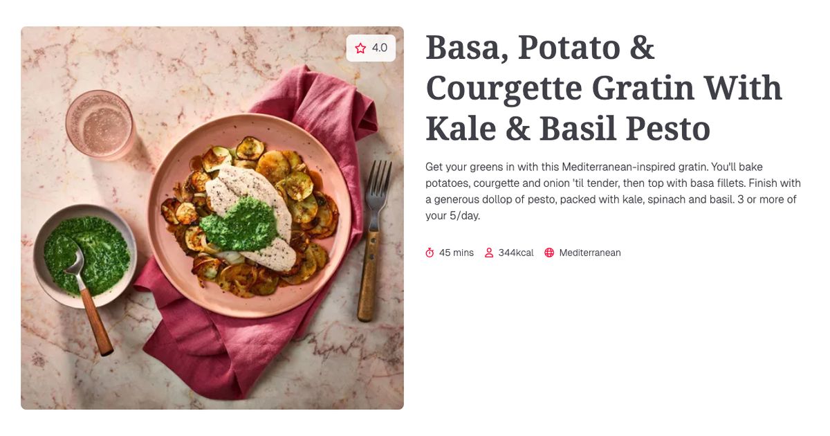 Basa, Potato & Courgette Gratin With Kale & Basil Pesto (45 mins ...