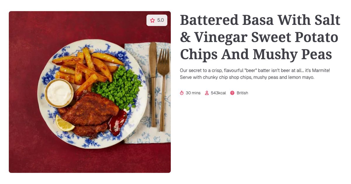 Battered Basa With Salt & Vinegar Sweet Potato Chips And Mushy Peas (30 ...