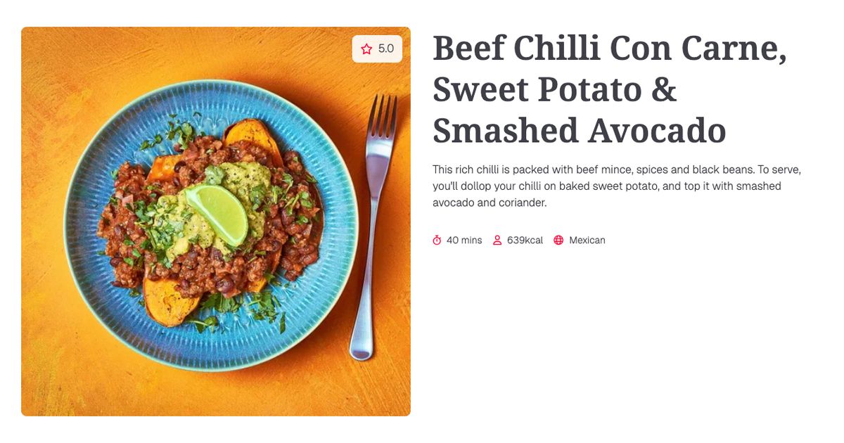 Beef Chilli Con Carne, Sweet Potato & Smashed Avocado (40 mins ...