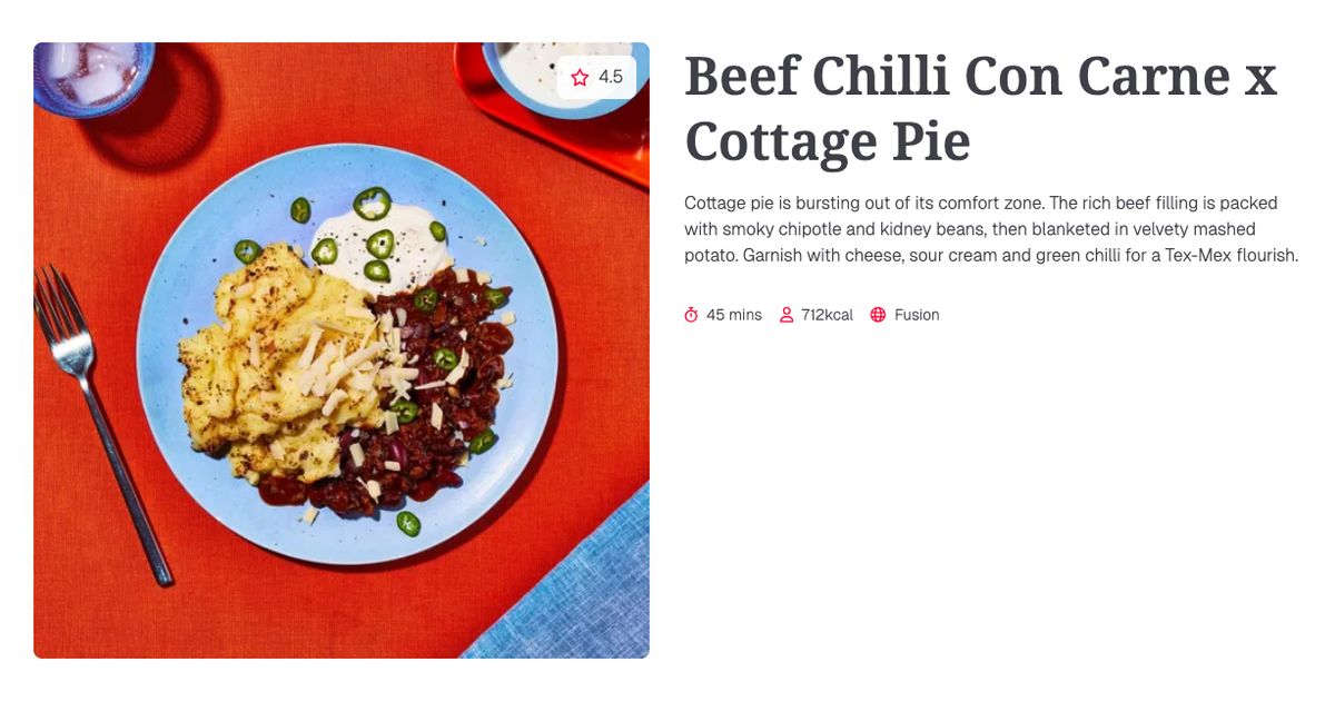 Beef Chilli Con Carne x Cottage Pie (45 mins) | Gousto Recipe Search