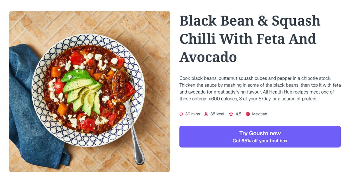 Black Bean & Squash Chilli With Feta And Avocado (30 mins) | Gousto ...