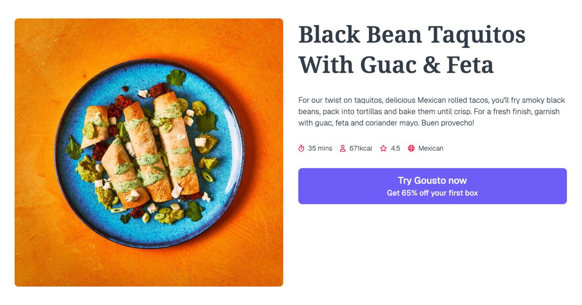 Black Bean Taquitos With Guac & Feta (35 mins) | Gousto Recipe Search