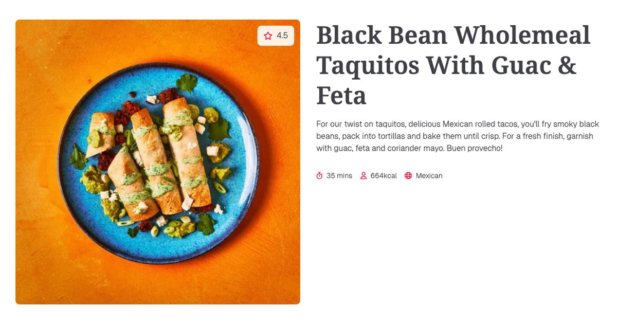 Black Bean Wholemeal Taquitos With Guac & Feta (35 mins) | Gousto ...