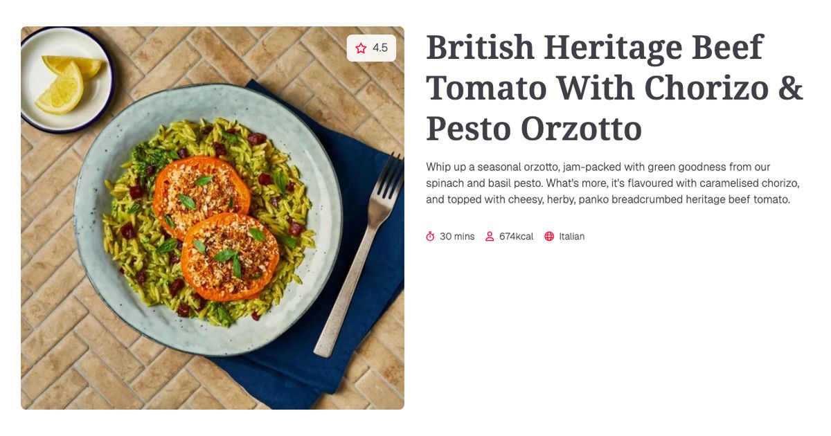 British Heritage Beef Tomato With Chorizo & Pesto Orzotto (30 mins ...