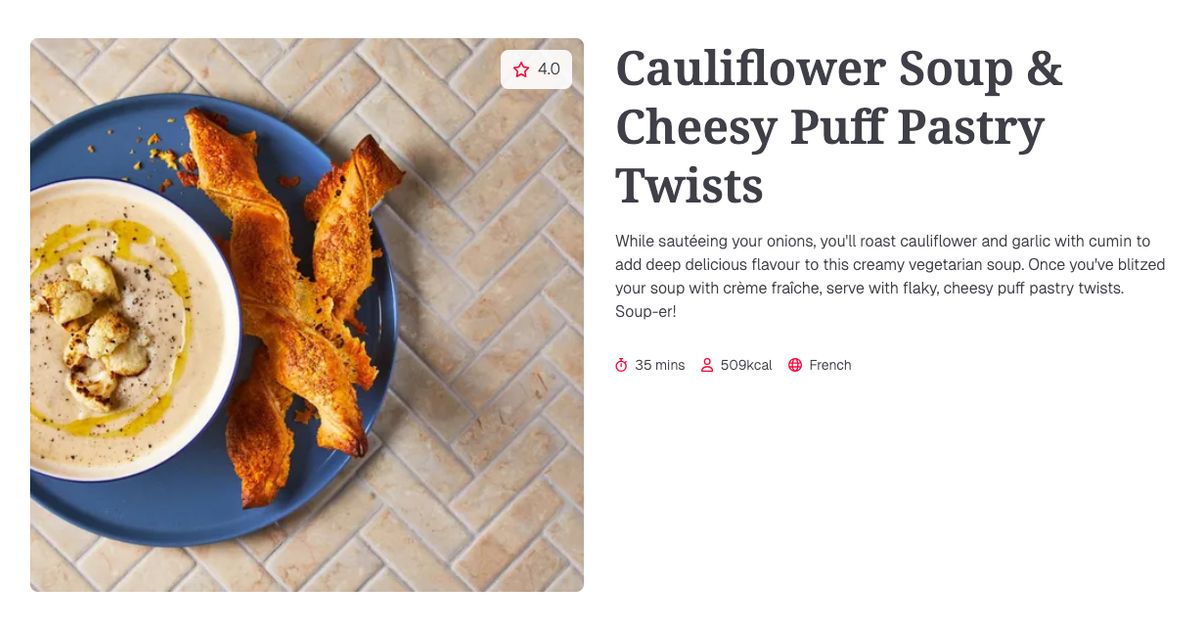 Cauliflower Soup & Cheesy Puff Pastry Twists (35 mins) | Gousto Recipe ...