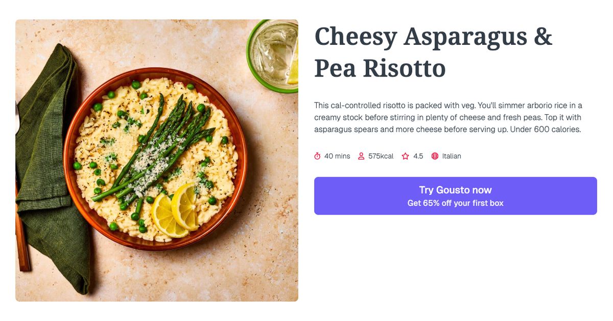 Cheesy Asparagus & Pea Risotto (40 mins) | Gousto Recipe Search
