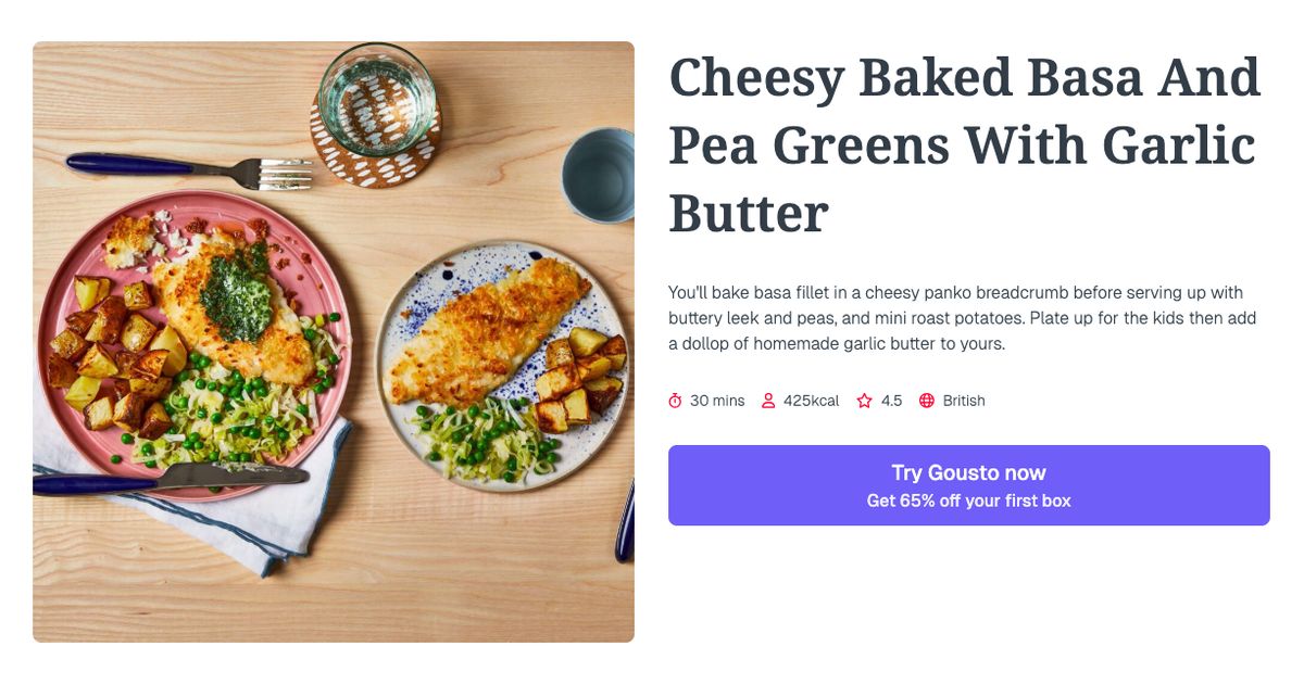 Cheesy Baked Basa And Pea Greens With Garlic Butter (30 mins) | Gousto ...