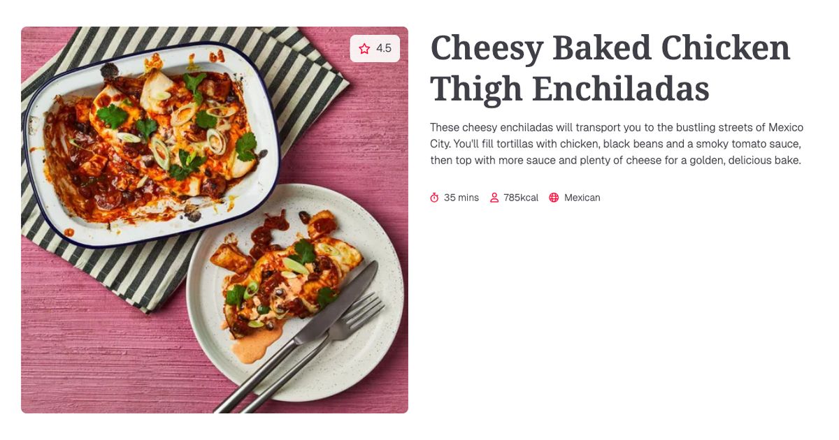 Cheesy Baked Chicken Thigh Enchiladas (35 mins) | Gousto Recipe Search