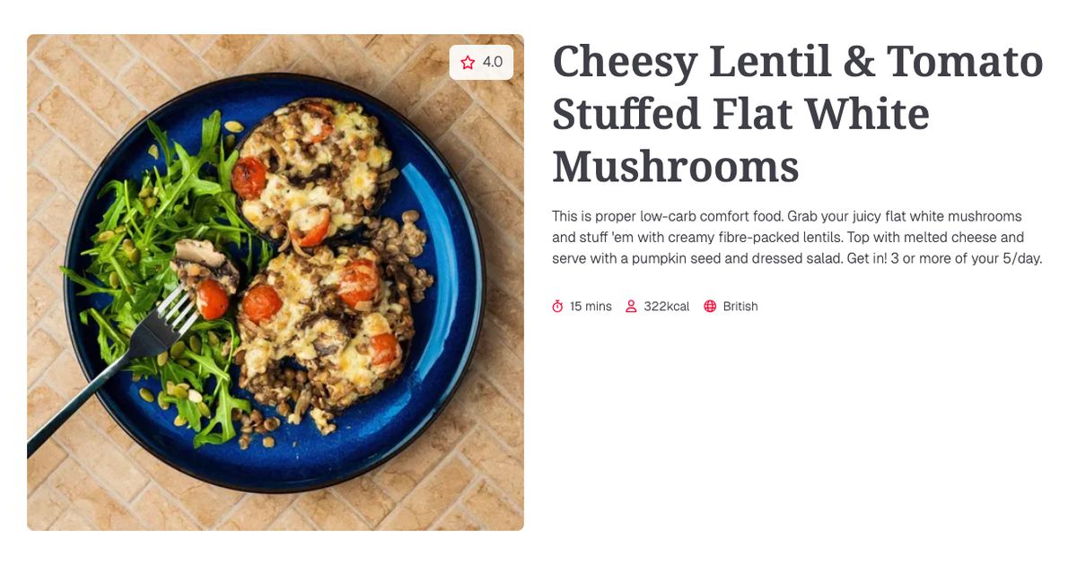 Cheesy Lentil & Tomato Stuffed Flat White Mushrooms (20 mins) | Gousto ...