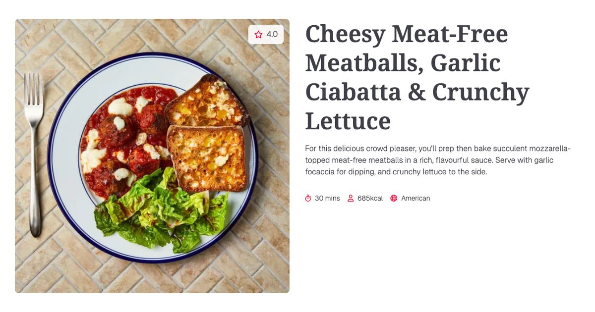 Cheesy Meat-Free Meatballs, Garlic Ciabatta & Crunchy Lettuce (30 mins ...