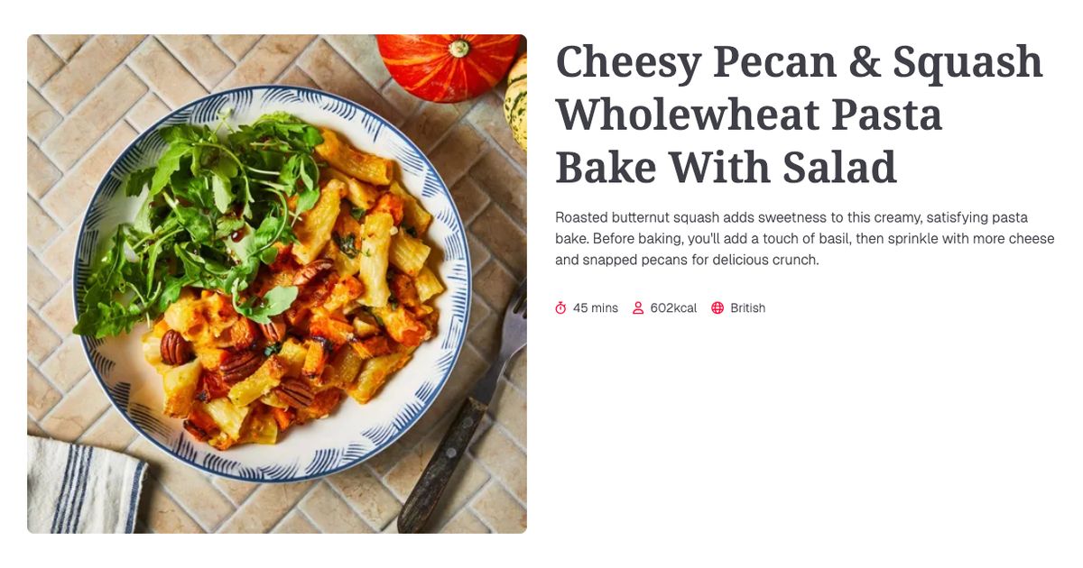 Cheesy Pecan & Squash Wholewheat Pasta Bake With Salad (45 mins ...