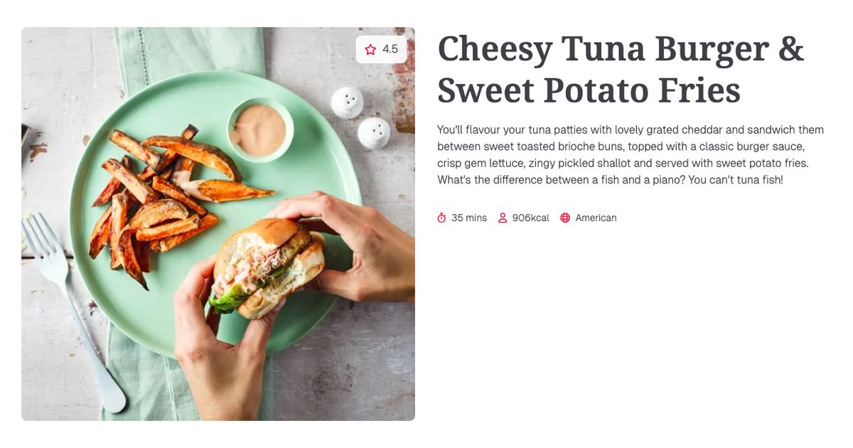 Cheesy Tuna Burger & Sweet Potato Fries (35 mins) | Gousto Recipe Search