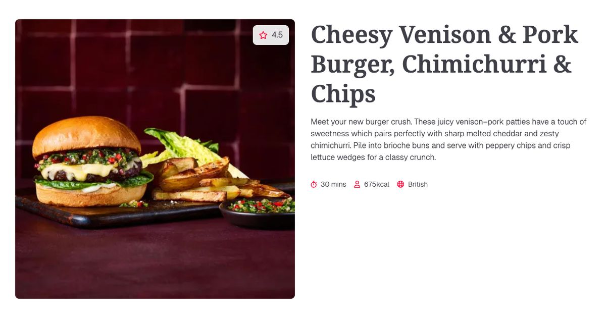 Cheesy Venison & Pork Burger, Chimichurri & Chips (30 mins) | Gousto ...