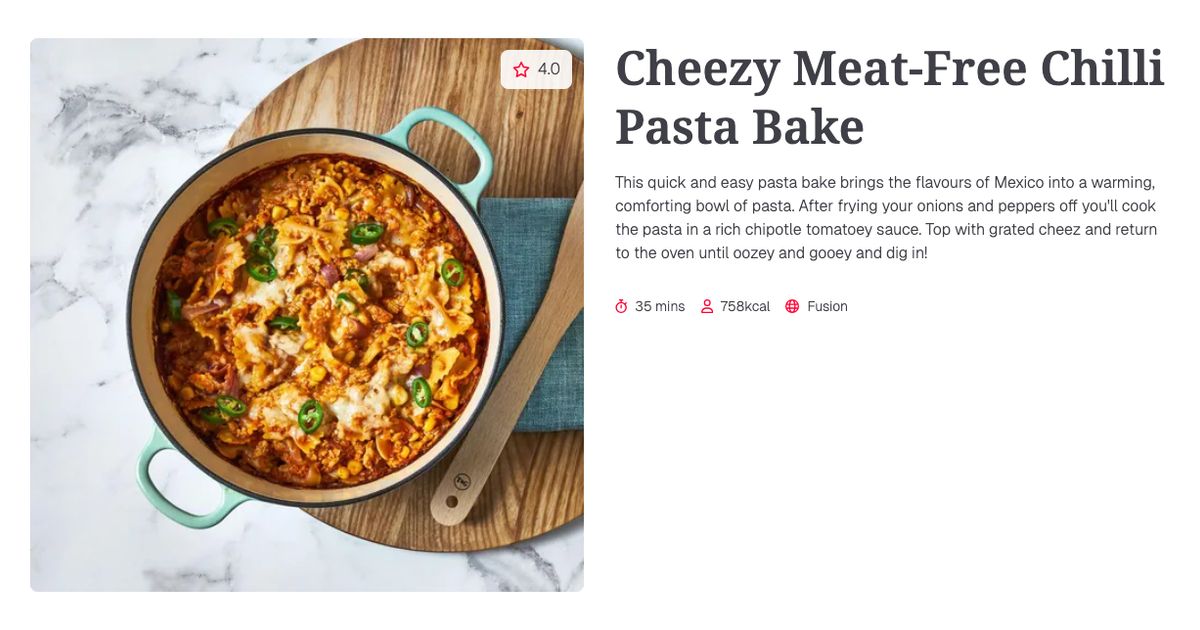 Cheezy Meat-Free Chilli Pasta Bake (35 mins) | Gousto Recipe Search