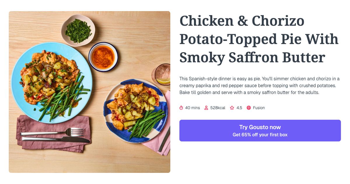 Chicken & Chorizo Potato-Topped Pie With Smoky Saffron Butter (40 mins) | Gousto Recipe Search