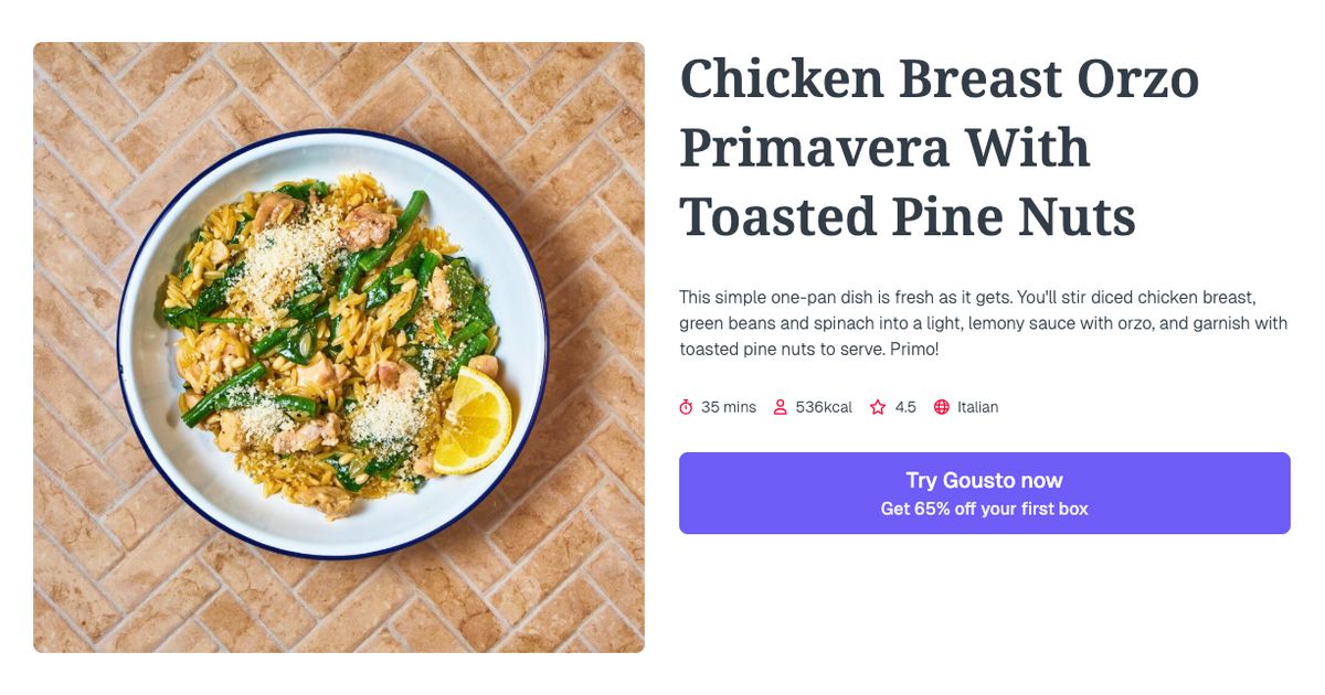 Chicken Breast Orzo Primavera With Toasted Pine Nuts (35 mins) | Gousto ...