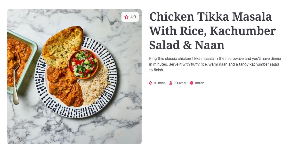 Chicken Tikka Masala With Rice, Kachumber Salad & Naan (10 mins ...