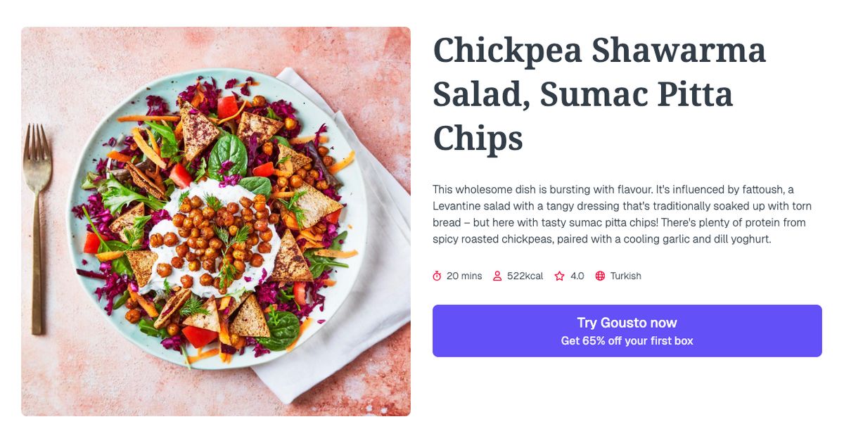 Chickpea Shawarma Salad, Sumac Pitta Chips (20 mins) | Gousto Recipe Search