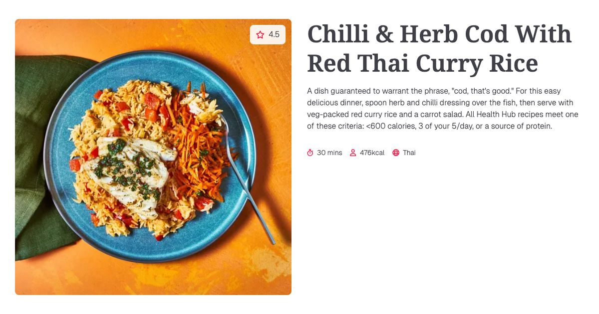 Chilli & Herb Cod With Red Thai Curry Rice (30 mins) | Gousto Recipe Search