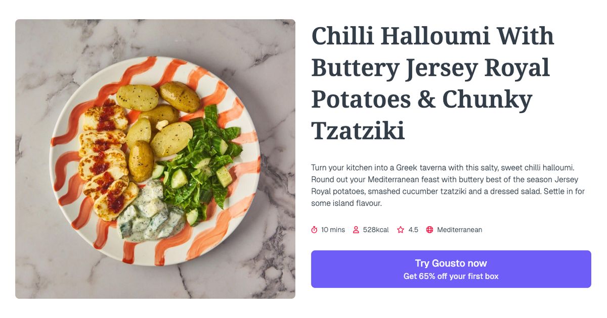 Chilli Halloumi With Buttery Jersey Royal Potatoes & Chunky Tzatziki ...
