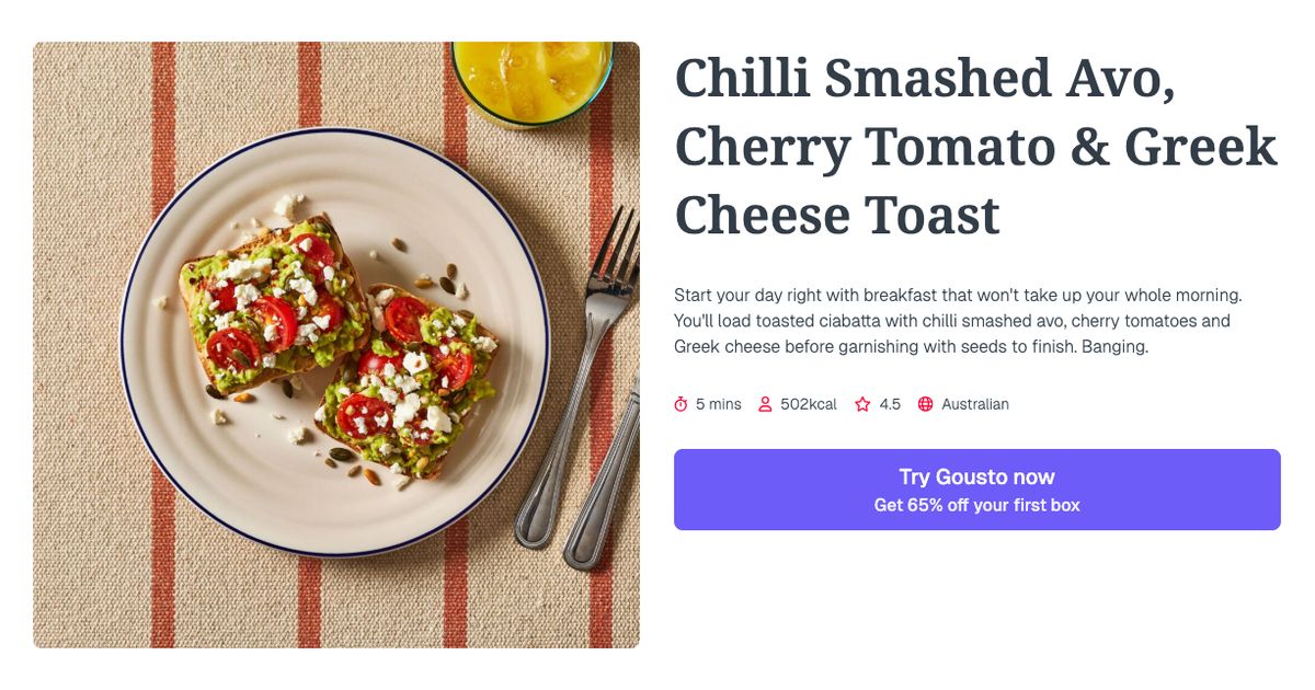Chilli Smashed Avo, Cherry Tomato & Greek Cheese Toast (5 mins) | Gousto Recipe Search