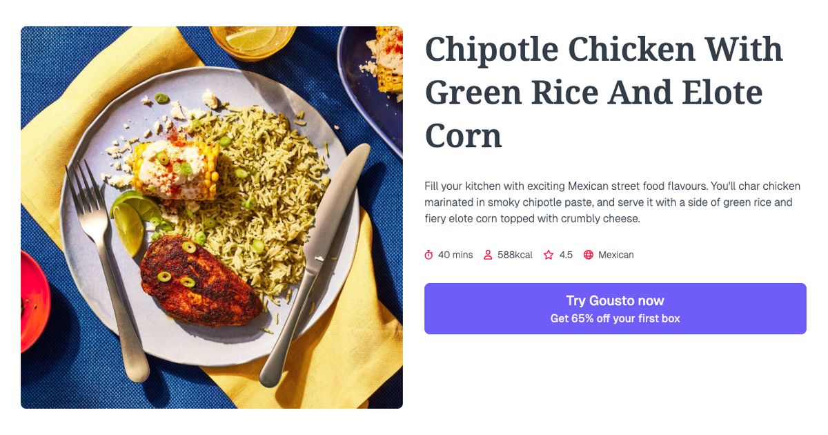 Chipotle Chicken With Green Rice And Elote Corn (40 mins) | Gousto Recipe Search