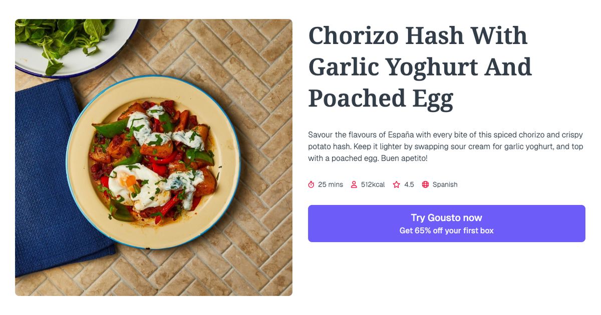 Chorizo Hash With Garlic Yoghurt And Poached Egg (25 mins) | Gousto ...