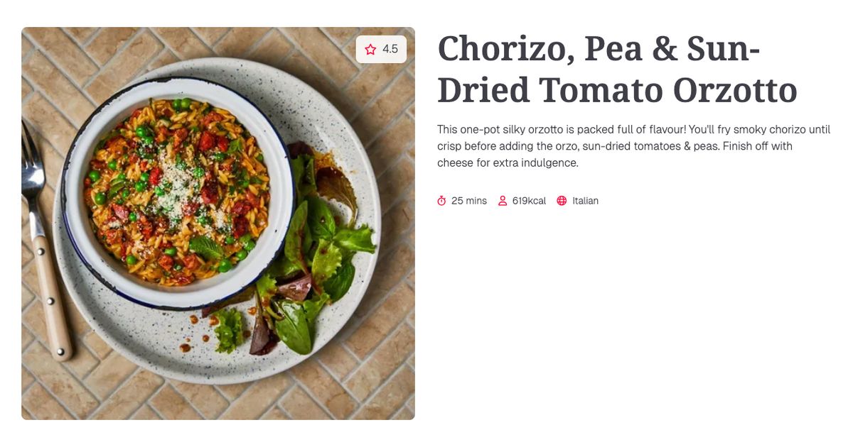 Chorizo, Pea & Sun-Dried Tomato Orzotto (25 mins) | Gousto Recipe Search