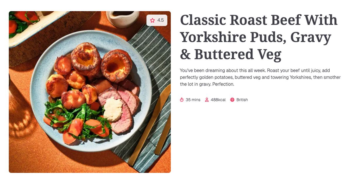 Classic Roast Beef With Yorkshire Puds, Gravy & Buttered Veg (35 mins ...