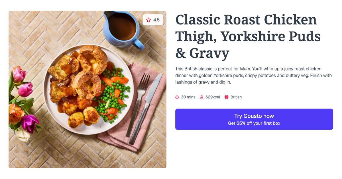 Classic Roast Chicken Thigh, Yorkshire Puds & Gravy (30 mins) | Gousto ...