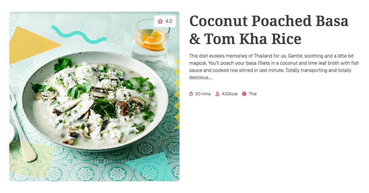 Coconut Poached Basa & Tom Kha Rice (20 mins) | Gousto Recipe Search