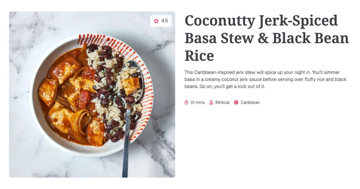 Coconutty Jerk-Spiced Basa Stew & Black Bean Rice (10 mins) | Gousto ...