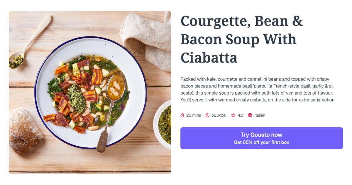 Courgette, Bean & Bacon Soup With Ciabatta (25 mins) | Gousto Recipe Search