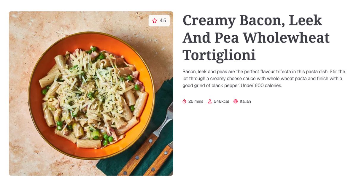Creamy Bacon, Leek And Pea Wholewheat Tortiglioni (25 mins) | Gousto ...