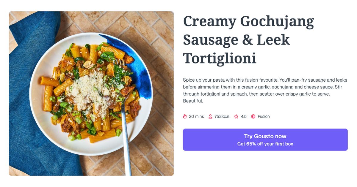 Creamy Gochujang Sausage & Leek Tortiglioni (20 mins) | Gousto Recipe ...