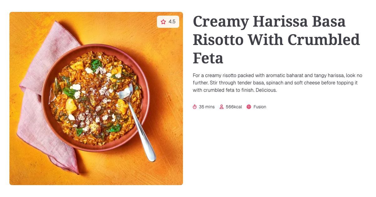 Creamy Harissa Basa Risotto With Crumbled Feta (35 mins) | Gousto ...