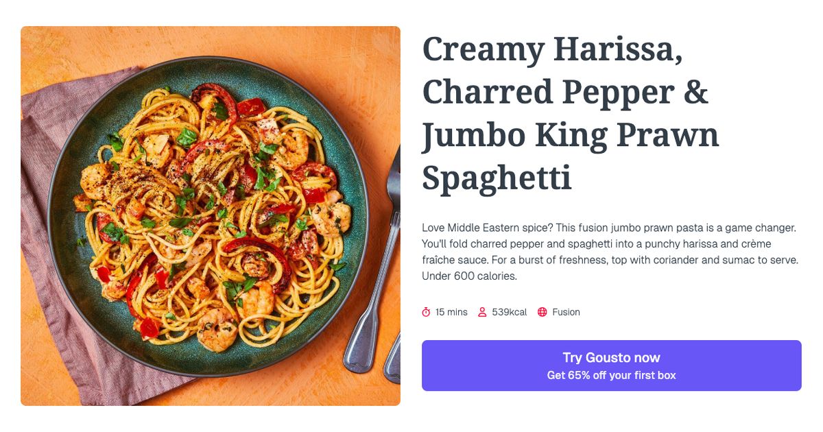 Creamy Harissa, Charred Pepper & Jumbo King Prawn Spaghetti (15 mins) | Gousto Recipe Search