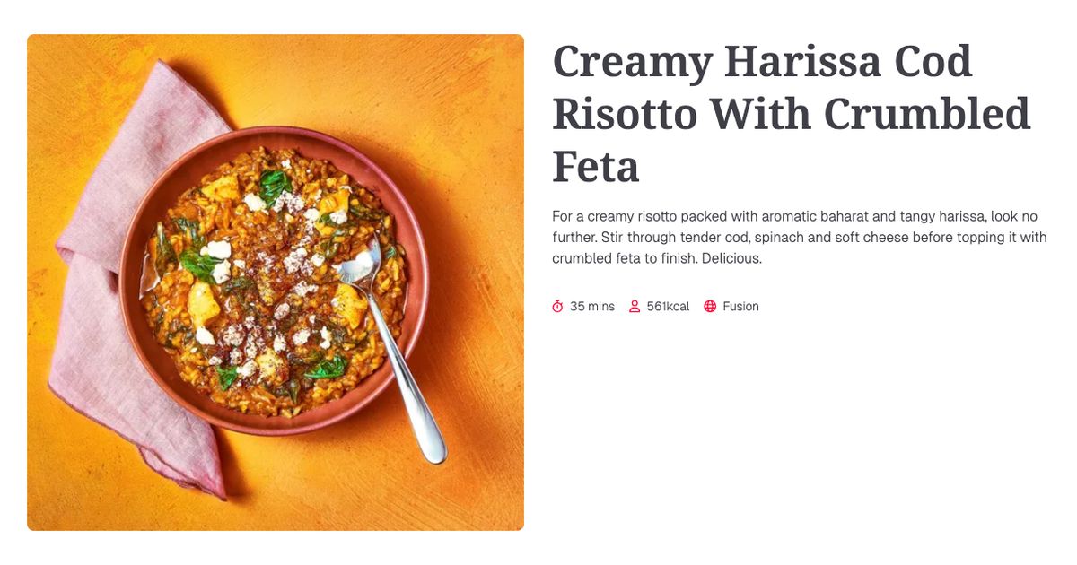 Creamy Harissa Cod Risotto With Crumbled Feta (35 mins) | Gousto Recipe ...