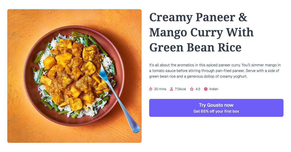Creamy Paneer & Mango Curry With Green Bean Rice (30 mins) | Gousto ...