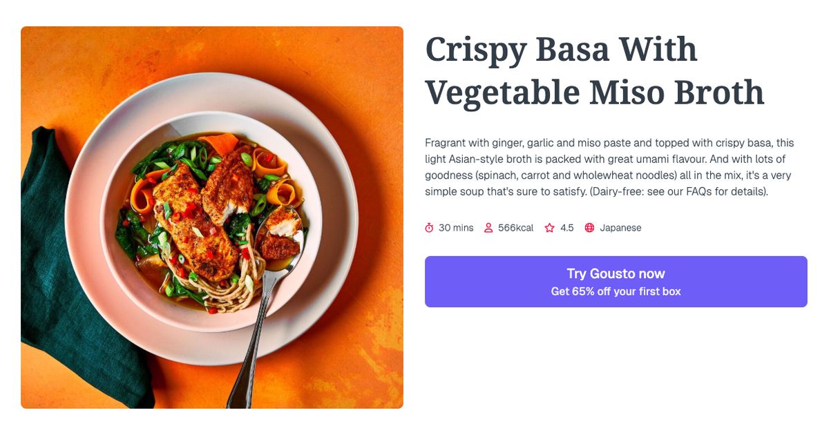 Crispy Basa With Vegetable Miso Broth (30 mins) | Gousto Recipe Search