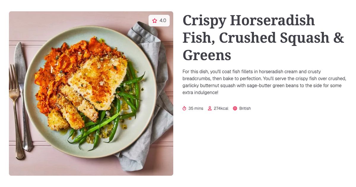 Crispy Horseradish Fish, Crushed Squash & Greens (35 mins) | Gousto ...