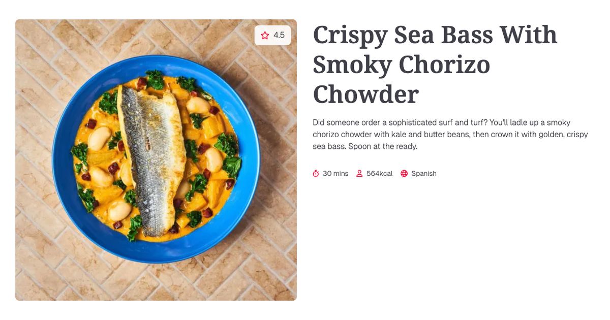 Crispy Sea Bass With Smoky Chorizo Chowder (30 mins) | Gousto Recipe Search