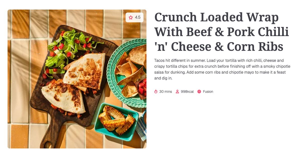 Crunch Loaded Wrap With Beef & Pork Chilli 'n' Cheese & Corn Ribs (30 ...
